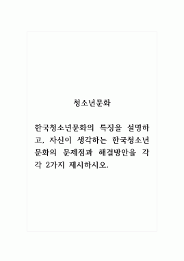 청소년문화_한국청소년문화의 특징을 설명하고, 자신이 생각하는 한국청소년문화의 문제점과 해결방안을 각각 2가지 제시하시오-1페이지