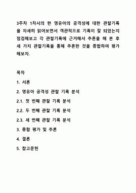 3주차 1차시의 한 영유아의 공격성에 대한 관찰기록을 자세히 읽어보면서 객관적으로 기록이 잘 되었는지 점검해보고 각 관찰기록에 근거해서 추론을 해 본 후 세 가지 관찰기록을 통해 추론한 것을 종합하여 평가해보자.-1페이지