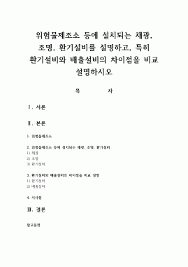 위험물제조소 등에 설치되는 채광, 조명, 환기설비를 설명하고, 특히 환기설비와 배출설비의 차이점을 비교 설명하시오-1페이지