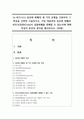 (e-비즈니스) 암호화 화폐의 세 가지 유형을 구분하여 그 특징을 간략히 기술하시고, 가장 대표적인 암호화 화폐인 비트코인(BitCoin)이 실물화폐를 대체할 수 있는지에 대해 작성자 본인의 생각을 제시하시오.-1페이지