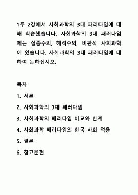 1주 2강에서 사회과학의 3대 패러다임에 대해 학습했습니다. 사회과학의 3대 패러다임에는 실증주의, 해석주의, 비판적 사회과학이 있습니다. 사회과학의 3대 패러다임에 대하여 논하십시오.-1페이지