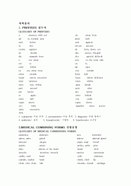 의학용어 (PREFIXES 접두사, MEDICAL COMBINING FORMS 결합유형, SUFFIXES)-1페이지