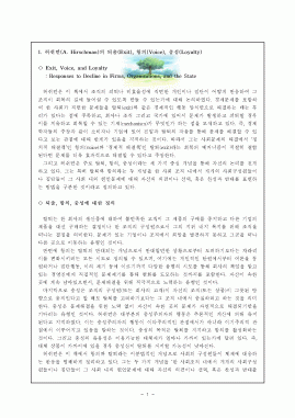 허쉬만(A. Hirschman)의 퇴출(Exit), 항의(Voice), 충성(Loyalty)-1페이지