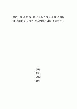 우리나라 아동 및 청소년 복지의 현황과 문제점(비행예방을 비롯한 학교사회사업의 확대방안)-1페이지