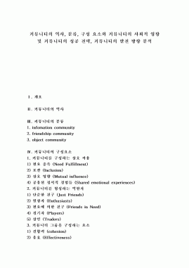 [커뮤니티][커뮤니티의 사회적 영향][커뮤니티의 성공 전략][인터넷커뮤니티]커뮤니티의 역사, 커뮤니티의 분류, 커뮤니티의 구성 요소, 커뮤니티의 사회적 영향, 커뮤니티의 성공 전략, 커뮤니티의 발전 방향 분석-1페이지