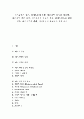 [대기오염][환경오염][공기오염]대기오염의 정의, 대기오염의 특성, 대기오염 물질의 배출원, 대기오염 관련 용어, 대기오염의 현상과 종류, 대기오염으로 인한 영향, 대기오염의 사례, 대기오염의 문제점,대책 분석-1페이지