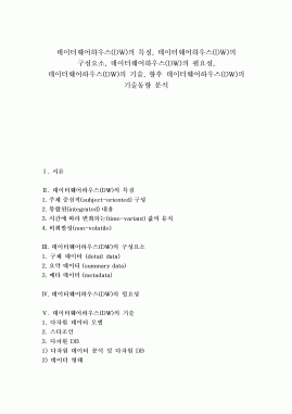 [데이터웨어하우스][DW][데이터웨어하우스(DW) 기술동향]데이터웨어하우스(DW) 특징, 데이터웨어하우스(DW) 구성요소, 데이터웨어하우스(DW) 필요성, 데이터웨어하우스(DW) 기술, 데이터웨어하우스(DW) 기술동향-1페이지