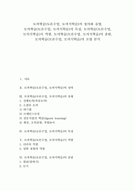 토의학습(토론수업, 토의식학습) 정의와 유형, 토의학습(토론수업, 토의식학습) 특징, 토의학습(토론수업, 토의식학습)시 역할, 토의학습(토론수업, 토의식학습) 훈련, 토의학습(토론수업, 토의식학습) 모형 분석-1페이지