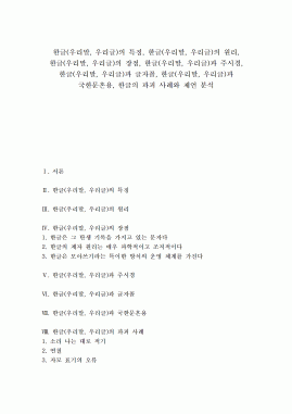 한글(우리말, 우리글) 특징, 한글(우리말, 우리글) 원리, 한글(우리말, 우리글) 장점, 한글(우리말, 우리글)과 주시경, 한글(우리말, 우리글)과 글자꼴, 한글(우리말, 우리글) 국한문혼용, 한글 파괴 사례와 제언-1페이지