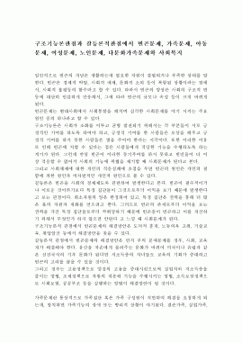 구조기능론관점과 갈등론적관점에서 빈곤문제, 가족문제, 아동문제, 여성문제, 노인문제, 다문화가족문제와 사회복지-1페이지