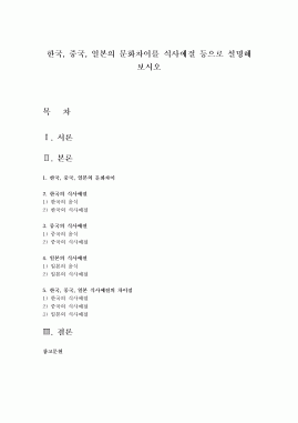한국, 중국, 일본의 문화차이를 식사예절 등으로 설명해 보시오-1페이지