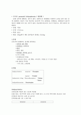 정신과 망상형(paranoid Schizophrenia) 정신분열증 환자 약물 및 관찰일지-1페이지