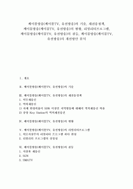 케이블방송(케이블TV, 유선방송)의 기술, 재전송정책, 케이블방송(케이블TV, 유선방송)의 현황, 리얼리티프로그램, 케이블방송(케이블TV, 유선방송)의 갈등, 케이블방송(케이블TV, 유선방송)의 개선방안 분석-1페이지