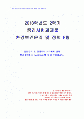 2013년 2학기 환경보건윤리및정책 중간시험과제물 E형(생태여성주의)-1페이지