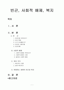 빈곤(貧困, poverty), 사회적 배제(social exclusion), 복지국가, 빈곤과 복지 (빈곤 측정, 빈곤과 사회이동, 빈곤이론) 보고서-1페이지