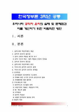 [한국정부론] 우리나라 공직자 윤리의 실태 및 문제점, 이를 개선하기 위한 바람직한 방안-공직자윤리실태 공직자윤리문제점 공직자윤리개선방안- (공직사회 부정부패,윤리의 필요성과 중요성, 윤리의 실태,방안)-1페이지