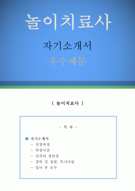 놀이치료사 자기소개서 우수예문 (놀이치료사 자소서, 미술치료사 자기소개서,아동놀이치료사 자기소개서,음악치료사 자소서,합격예문, 놀이치료사 우수예문, 자소서 잘쓴예,샘플)-1페이지