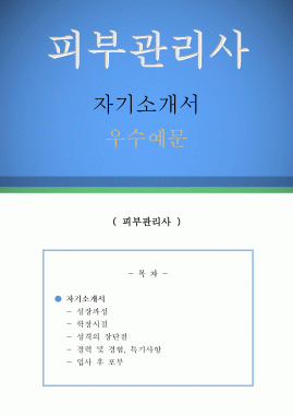 피부관리사 자기소개서 우수예문(피부관리사 자소서,피부미용사 자기소개서,피부과 자기소개서,피부관리 자소서,합격예문,피부미용사,자소서,피부과 잘쓴예,피부관리사 샘플)-1페이지