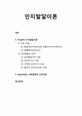 [영유아발달] 인지발달이론-Piaget의 인지발달이론, Vygotsky의 사회문화적 인지이론-1페이지