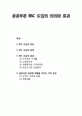 공공부문 BSC(균형성과평가제도) 도입의 의의와 한계, 효과(수익성과 수익률, 노동생산성, 경영평가와 고객만족도, 도입시기와 도입효과), 공공기관 성과에 영향을 미치는 기타 요인(조직의 규모와 유형, 경제상황)-1페이지