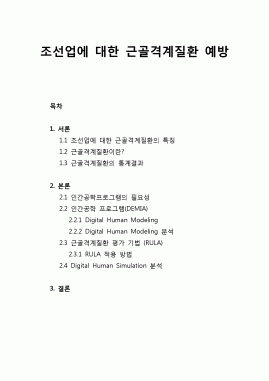 [인간공학] 조선업(造船業)에 대한 근골격계질환(筋骨格係疾患) 예방 - 조선업에 대한 근골격계질환의 특징과 통계, 인인간공학 프로그램(DEMIA) 필요성, 근골격계질환 평가 기법(RULA), Digital Human Simulation -1페이지