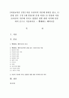 [여성교육론 공통] 다음 추천서적 가운데 한권을 읽고,  1) 감명 깊은 구절 5개 인용(한 문장 이상) 2) 인용한 이유 3)자신이 기존에 가지고 있었던 성별 관련 시각에 던진 의 - 페미니즘-1페이지