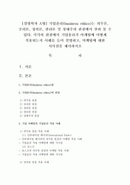 [경영학과 A형] 기업윤리(business ethics)는 의무론,  공리론,  정의론,  권리론 및 상대주의 관점에서 살펴 볼 수 있다. 각각의 관점에서 기업윤리가 마케팅에 어떻게 적 (마케팅)-1페이지