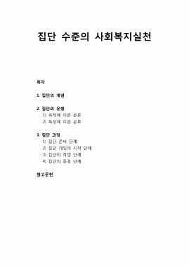 [사회복지실천론] 집단 수준의 사회복지실천 - 집단의 개념, 집단의 유형, 집단 과정(집단 준비 단계, 집단 개입의 시작 단계, 집단의 작업 단계, 집단의 종결 단계)-1페이지