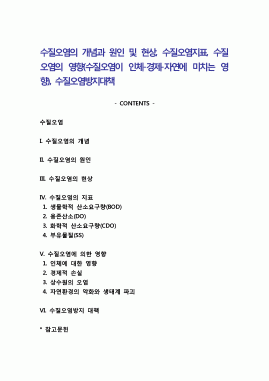 수질오염의 개념과 원인 및 현상, 수질오염지표, 수질오염의 영향(수질오염이 인체-경제-자연에 미치는 영향), 수질오염방지대책-1페이지