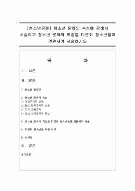[청소년문화] 청소년 문화의 속성에 관해서 서술하고 청소년 문화의 특징을 다문화 청소년들과 연관시켜 서술하시오 [청소년 문화]-1페이지