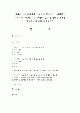 전언어기와 언어기의 언어발달 특성을 각 연령별로 정리하고 연령에 따른 교사와 부모의 역할과 올바른 상호작용에 대해 서술 : 전언어기-1페이지