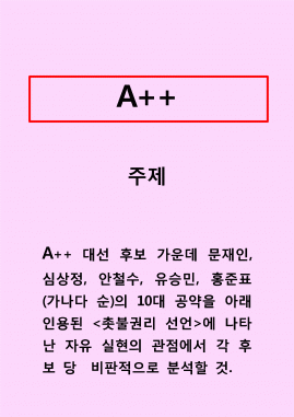 대선 후보 가운데 문재인, 심상정, 안철수, 유승민, 홍준표(가나다 순)의 10대 공약을 아래 인용된 촛불권리 선언에 나타난 자유 실현의 관점에서 각 후보 당  비판적으로 분석할 것.-1페이지