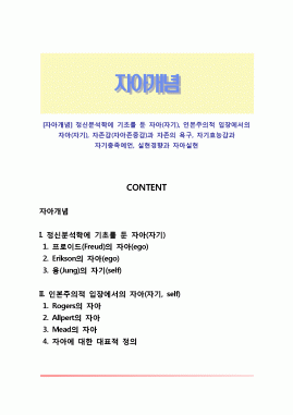 [자아개념] 정신분석학에 기초를 둔 자아(자기) 인본주의적 입장에서의 자아(자기) 자존감(자아존중감)과 자존의 욕구 자기효능감과 자기충족예언 실현경향과 자아실현-1페이지