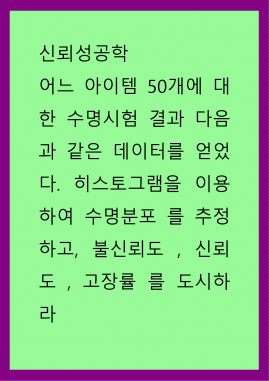 신뢰성공학 ) 히스토그램을 이용하여 수명분포 를 추정하고, 불신뢰도 , 신뢰도 , 고장률 를 도시하라-1페이지