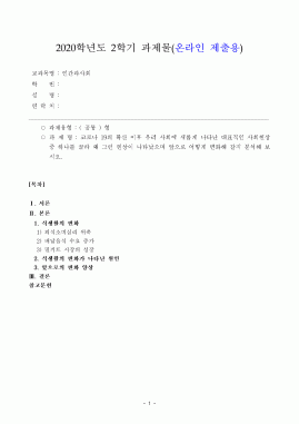 [방송통신대학교 2020학년도 2학기 중간과제물] 인간과사회(공통)(식생활의변화,외식소비위축,밀키트,배달음식)-1페이지