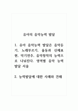 아동음악_유아의 음악능력 발달 1. 유아 음악능력 발달은 음악듣기, 노래부르기, 율동과 신체표현,악기연주, 음악창작의 능력으로 나눠진다. 영역별 음악 능력 발달 서술 2. 능력발달에 대한 사례와 견해-1페이지