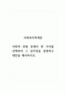 사회복지학개론_사회적 위험 중에서 한 가지를 선택하여 그 심각성을 설명하고 대안을 제시하시오.-1페이지
