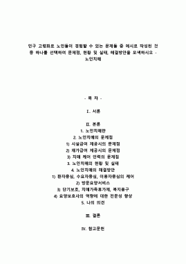 인구 고령화로 노인들이 경험할 수 있는 문제들 중 예시로 작성된 것 중 하나를 선택하여 문제점, 현황 및 실태, 해결방안을 모색하시오-1페이지