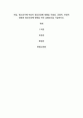 아동, 청소년기에 자신의 정신건강에 영향을 주었던, 긍정적, 부정적 경험과 정신건강에 영향을 미친 유발요인을 기술하시오-1페이지