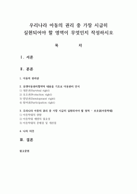 우리나라 아동의 권리 중 가장 시급히 실현되어야 할 영역이 무엇인지 작성하시오-1페이지