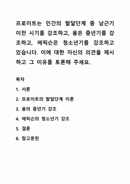 프로이트는 인간의 발달단계 중 남근기 이전 시기를 강조하고, 융은 중년기를 강조하고, 에릭슨은 청소년기를 강조하고 있습니다. 이에 대한 자신의 의견을 제시하고 그 이유를 토론해 주세요.-1페이지