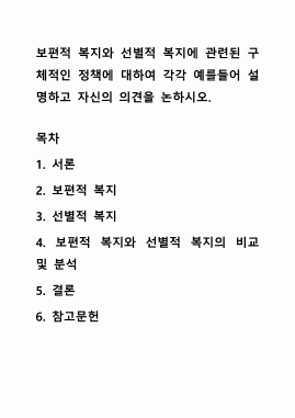 보편적 복지와 선별적 복지에 관련된 구체적인 정책에 대하여 각각 예를들어 설명하고 자신의 의견을 논하시오.-1페이지