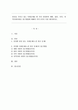 관심을 가지고 있는 사회문제를 한 가지 선정하여 개별, 집단, 가족, 지역사회차원을 접근방법에 대해서 각각 3가지 이상 제시하시오.-1페이지