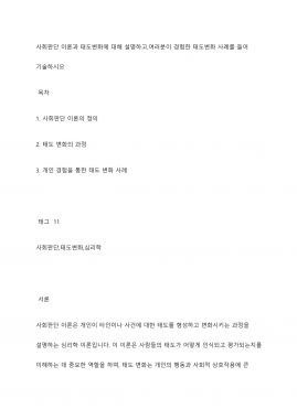 사회판단 이론과 태도변화에 대해 설명하고,여러분이 경험한 태도변화 사례를 들어 기술하시오-1페이지