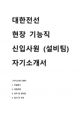 대한전선 현장 기능직 신입사원 설비팀 자기소개서-1페이지
