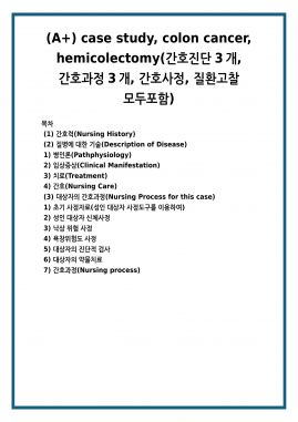 case study, colon cancer, hemicolectomy(간호진단 3개, 간호과정 3개, 간호사정, 질환고찰 모두포함)-1페이지