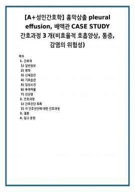 [성인간호학] 흉막삼출 pleural effusion, 배액관 CASE STUDY 간호과정 3개(비효율적 호흡양상, 통증, 감염의 위험성)-1페이지