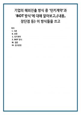 기업의 해외진출 방식 중 턴키계약과 BOT방식에 대해 알아보고,(내용, 장단점 등) 이 방식들을 쓰고-1페이지