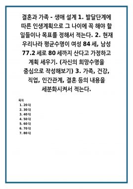결혼과 가족 - 생애 설계 1. 발달단계에 따른 인생계획으로 그 나이에 꼭 해야 할 일들이나 목표를 정해서 적는다. 2. 현재 우리나라 평균수명이 여성 84세, 남성 77.2세로-1페이지