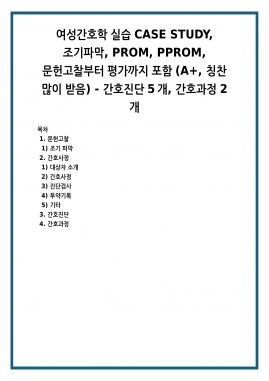 여성간호학 실습 CASE STUDY, 조기파막, PROM, PPROM, 문헌고찰부터 평가까지 포함 (칭찬 많이 받음) - 간호진단 5개, 간호과정 2개-1페이지